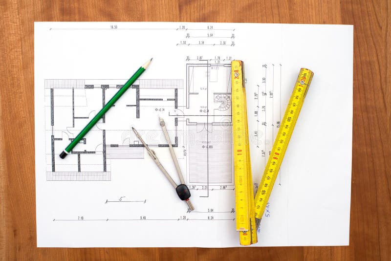 Building Plan with Pencil, Folding Yardstick and Compass Stock Photo ...