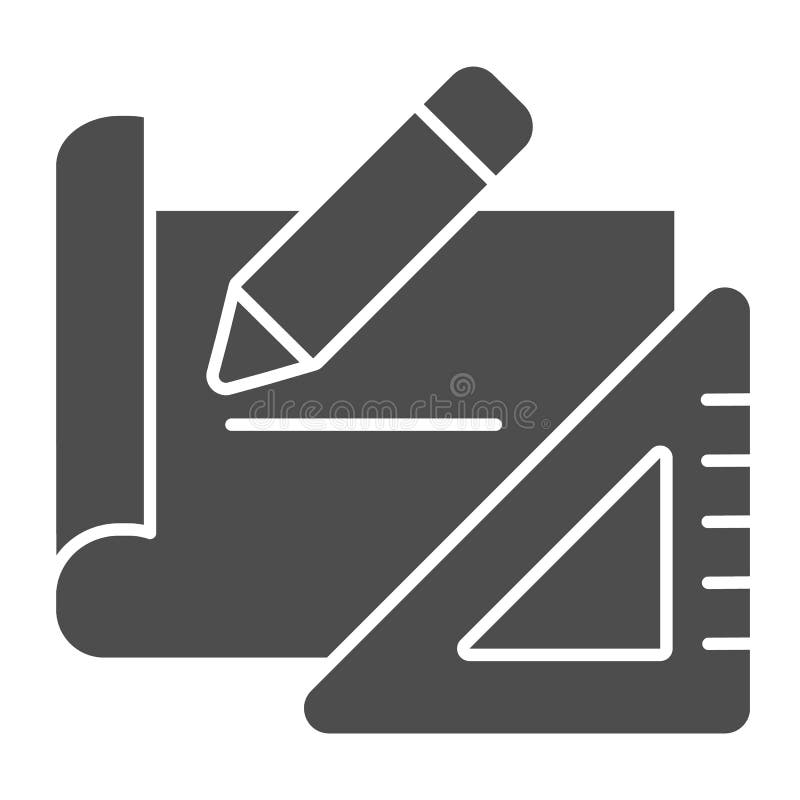 Building Plan Line Icon. Project Tools, Paper With Pencil And Ruler ...