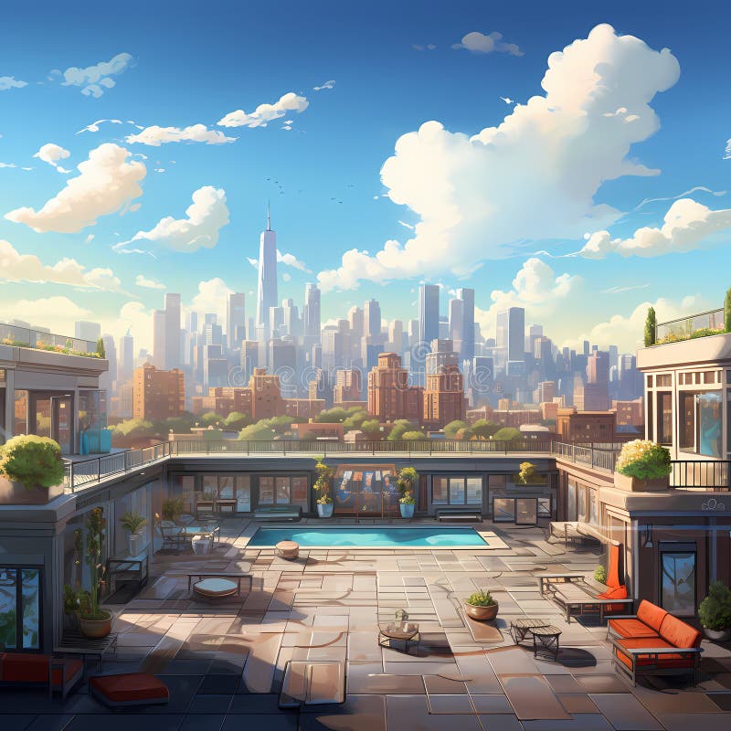 Building with a Pool and a City in the Background Stock Illustration ...