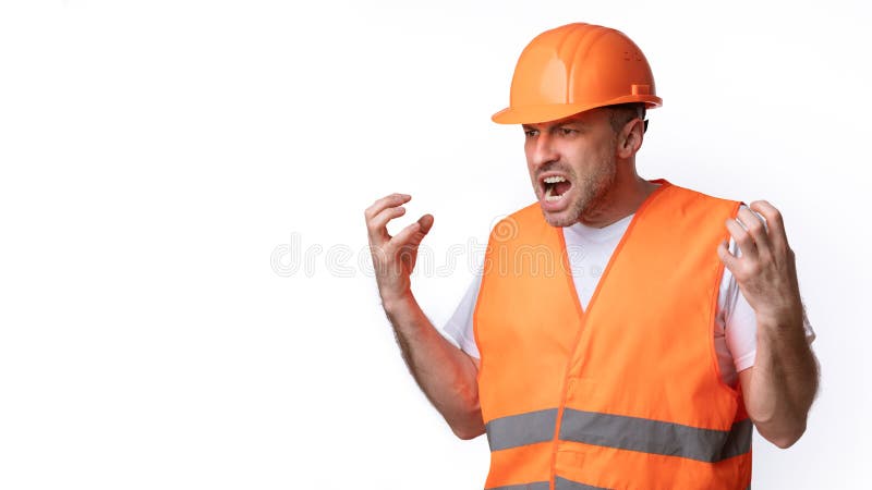 Angry Construction Worker Shouting Pointing Finger at Camera, Studio ...