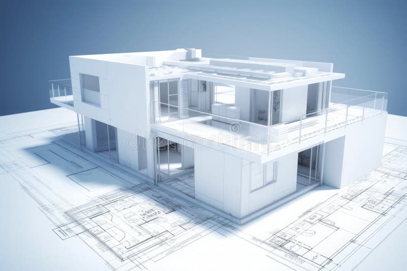 Building Project Plan. Blueprint of a Modern House with 3d Model Stock ...