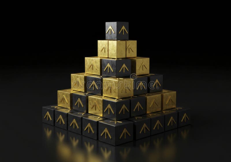 Building Pyramid with Gold and Black Cubes on Dark Surface Stock ...
