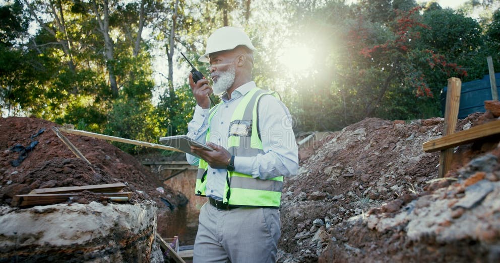 Building, Radio and Tablet with Black Man Developer on Site for ...