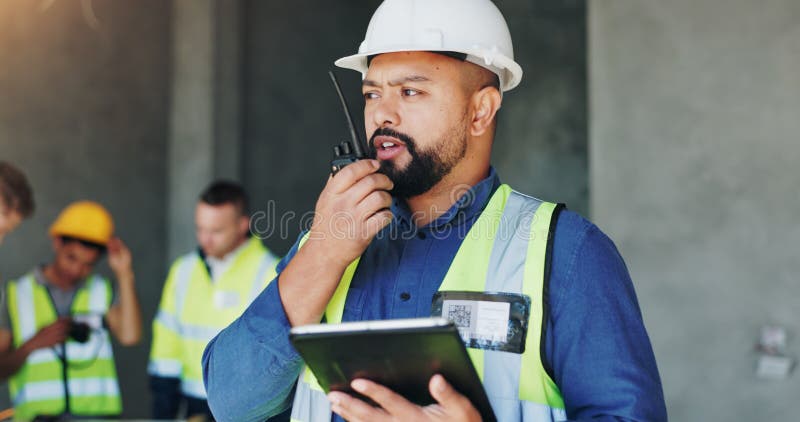 Building, Radio and Tablet with Developer Man on Site for Civil ...