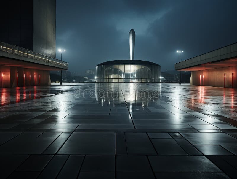 A Building in the Rain with Red Lights on it Stock Illustration ...