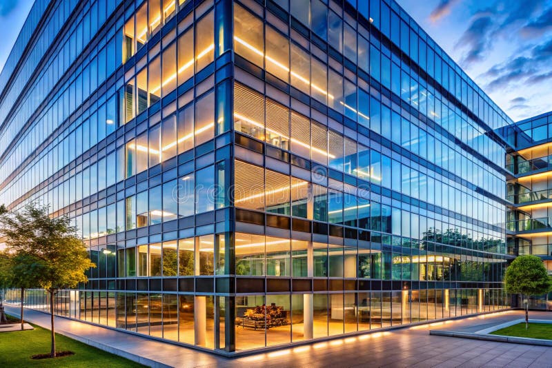 Building Reflected in Windows of Modern Office Building Stock ...