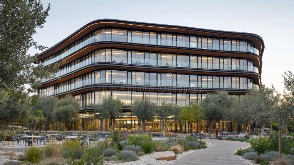 A Building S Modern, Fluid Architectural Design is Illuminated at Dusk ...