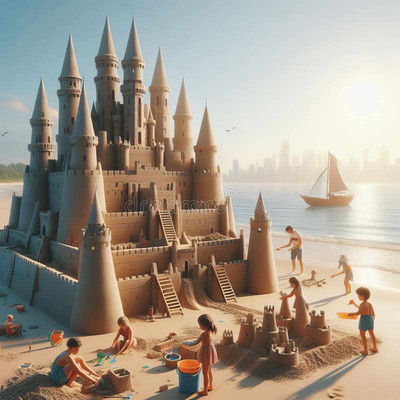 Building Sandcastles at the Beach, Photorealistic V Stock Image - Image ...
