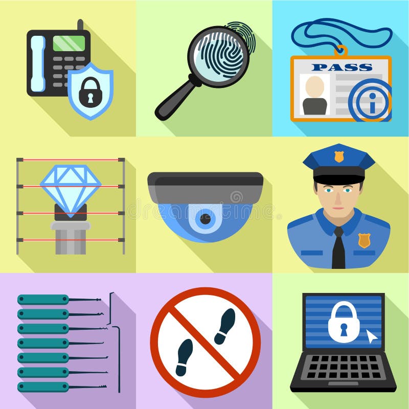 Building Security Icon Set, Flat Style Stock Vector - Illustration of ...