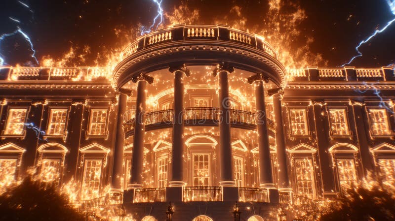 A Building Set Ablaze by a Lightning Strike, with Flames and ...