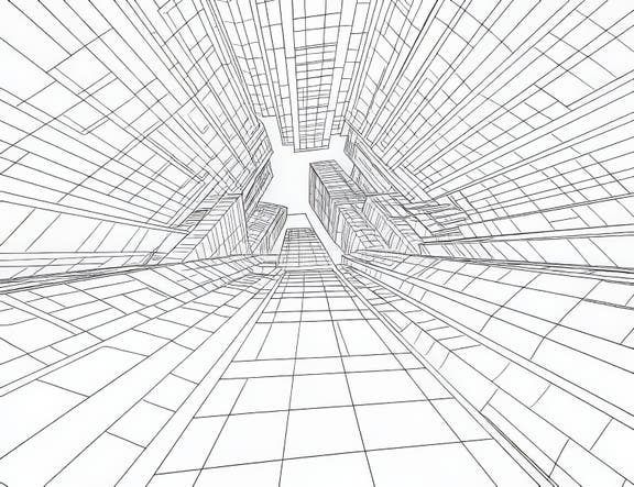 A Building Shape Illustrated in 3D with a Grid Perspective Using Black ...