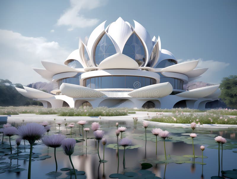 Building in a Shape of a Lotus Reflected Around in a Pond. Generative ...