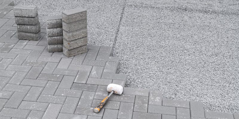 Building a Sidewalk, Laying Interlocking Pavers. Copy Space Stock Photo ...