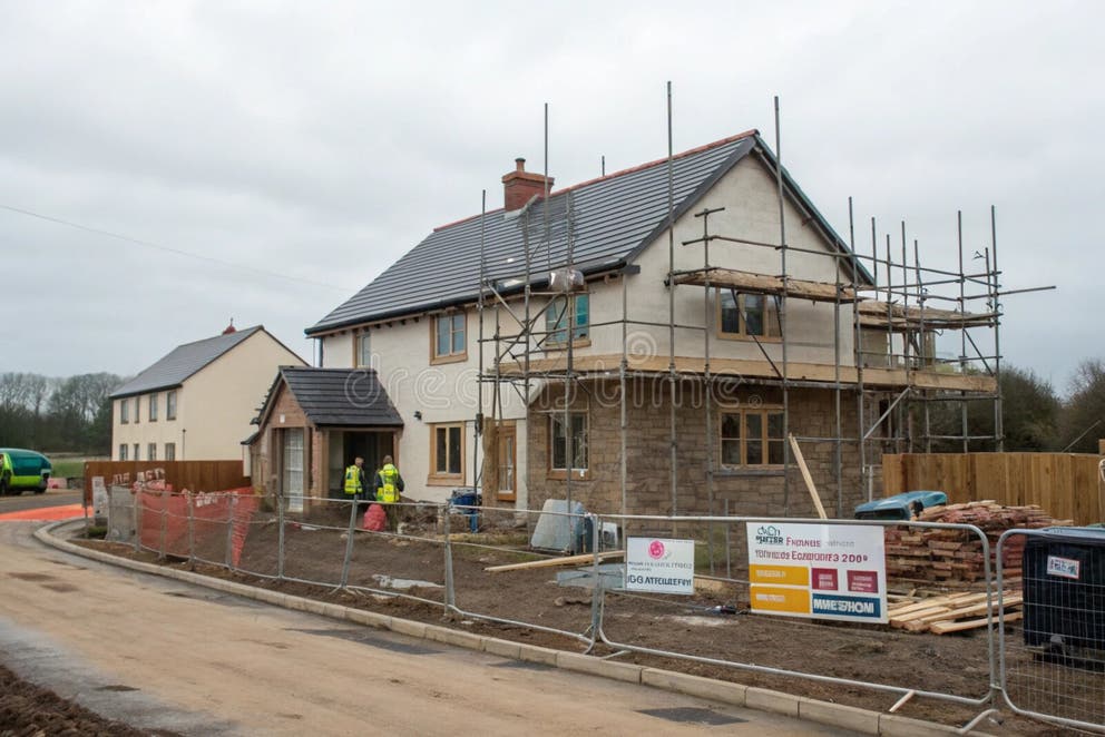 Building Site with House Under Construction Stock Illustration - Illustration of machinery ...