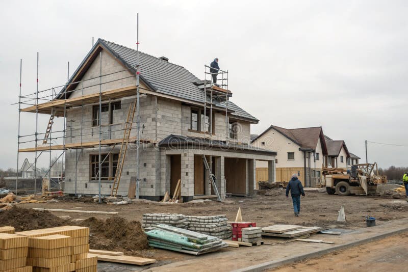 Building Site with House Under Construction Stock Illustration - Illustration of industry ...