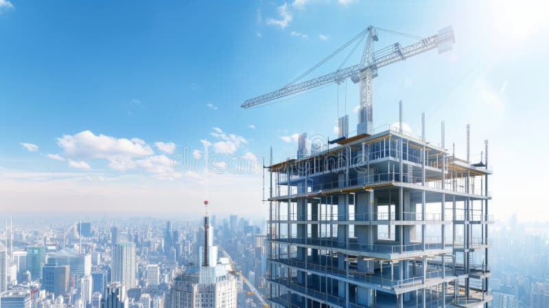 Building a Skyscraper with Construction Cranes and Steel Framework in ...