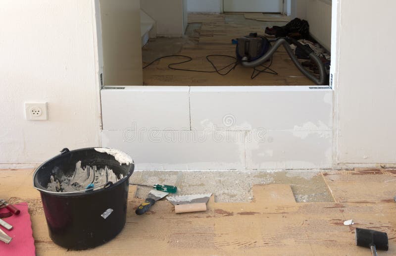 Building a Small Wall with Lightweight Concrete Blocks Stock Image ...