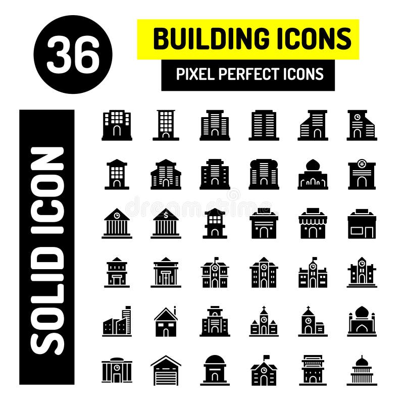 36 Building Solid Icon, Modern Building Icons Set, Vector Illustration ...