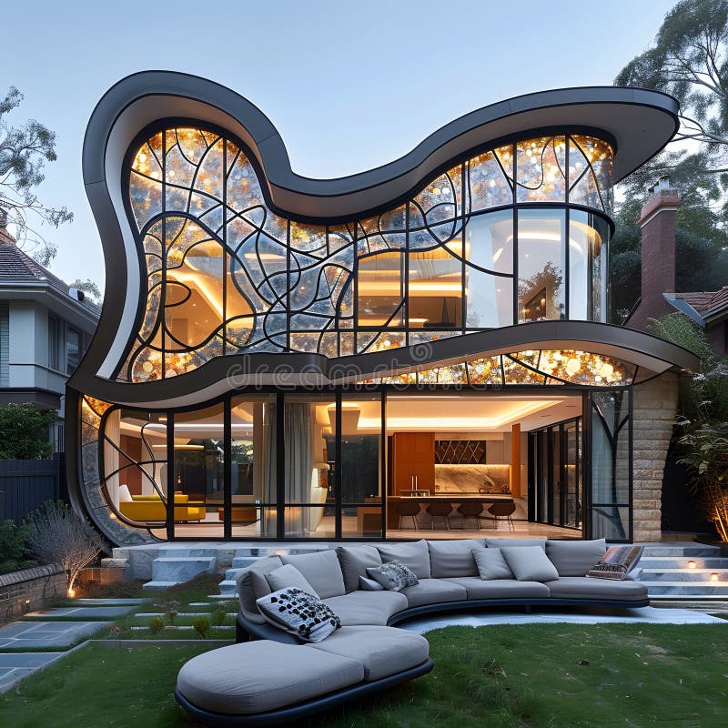A House with a Lot of Windows and a Couch in Front of it Stock Image ...