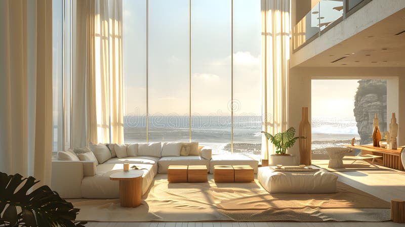 A Living Room with a Lot of Windows Overlooking the Ocean Stock Photo - Image of bright, nature ...