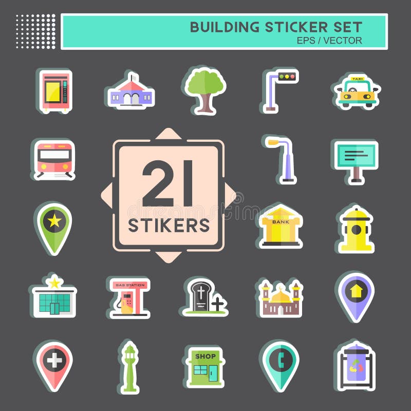 Building Sticker Set in Trendy Isolated on Black Background Stock ...