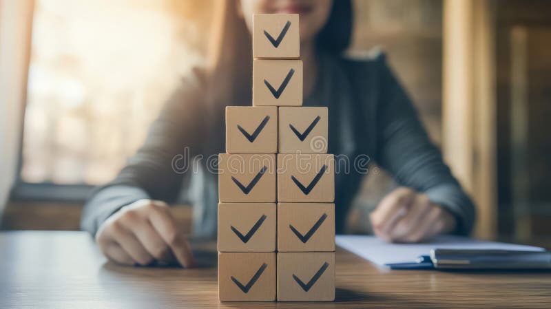 Building Success with Stacked Cubes and Check Marks Desk, Symbolizing ...