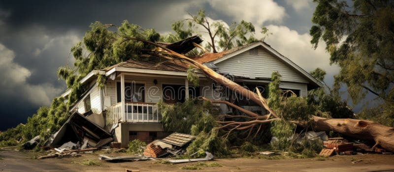 House Damaged by Hurricane with Fallen Tree on Facade Stock Photo ...