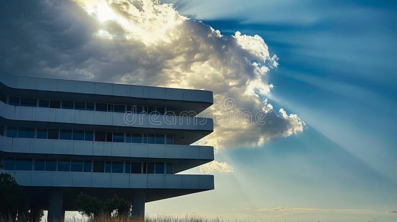 A Building with Sun Rays Shining through the Clouds Stock Photo - Image ...