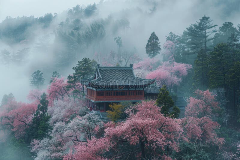 A Building Surrounded by Pink Trees in the Forest. Ideal for Nature and ...