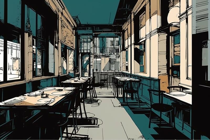 Building with Tables and Food, Glazed Surfaces Stock Illustration ...