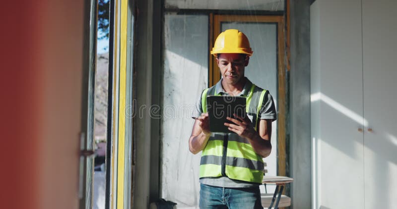 Building, Tablet and Architecture with Man on Construction Site for ...
