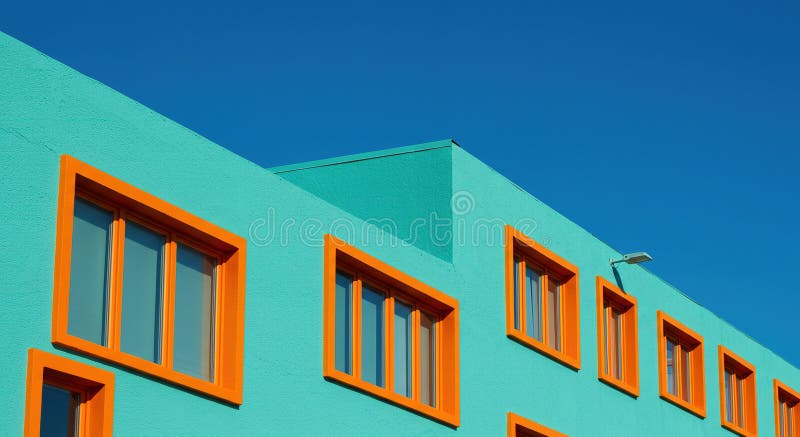 Building with Teal Walls and Orange Window Frames Under a Clear Blue ...