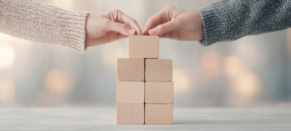 Building Teamwork with Hands Stacking Wooden Blocks in Creative Way ...