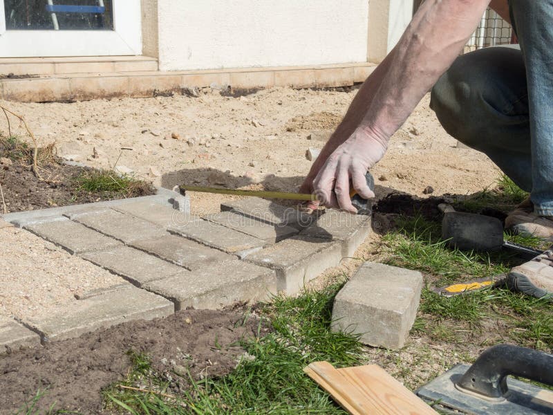 Building a Terrace with Measurements Ruler, Paving Stone Stock Photo ...