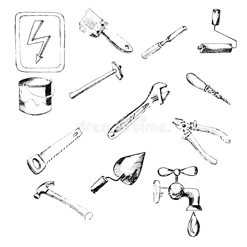 Building Tool. Icons, Hand-drawn Pencil Sketch. Vector Image. Design ...