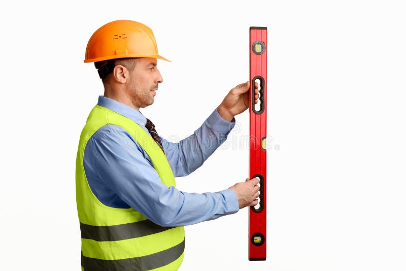 Construction Site Worker Using Builder S Level Working Over White ...