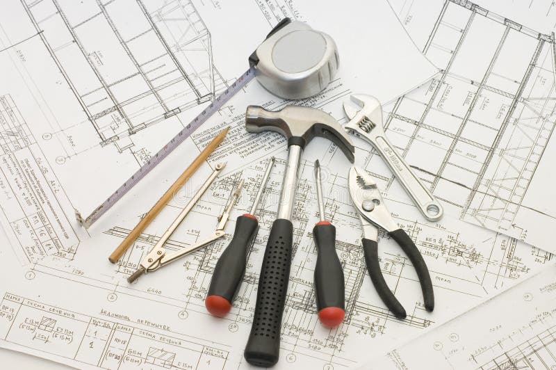 Building Tools on the House Project Stock Photo - Image of blueprint ...