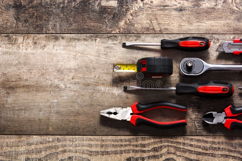 Building Tools Repair Set on Wooden Table. Stock Image - Image of ...
