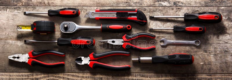 Building Tools Repair Set on Wooden Table. Stock Photo - Image of ...