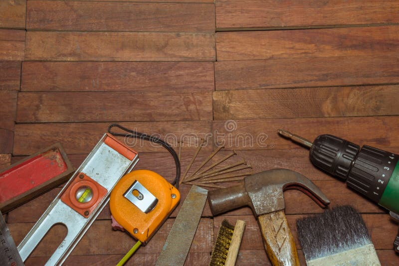 Building Tools on a Wooden Background Stock Photo - Image of brush ...