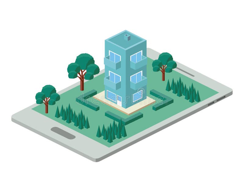 Building and Trees Isometric Scene on Smartphone Stock Vector ...