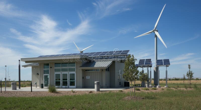 Building with Two Wind Turbines on Top Stock Photo - Image of panel ...