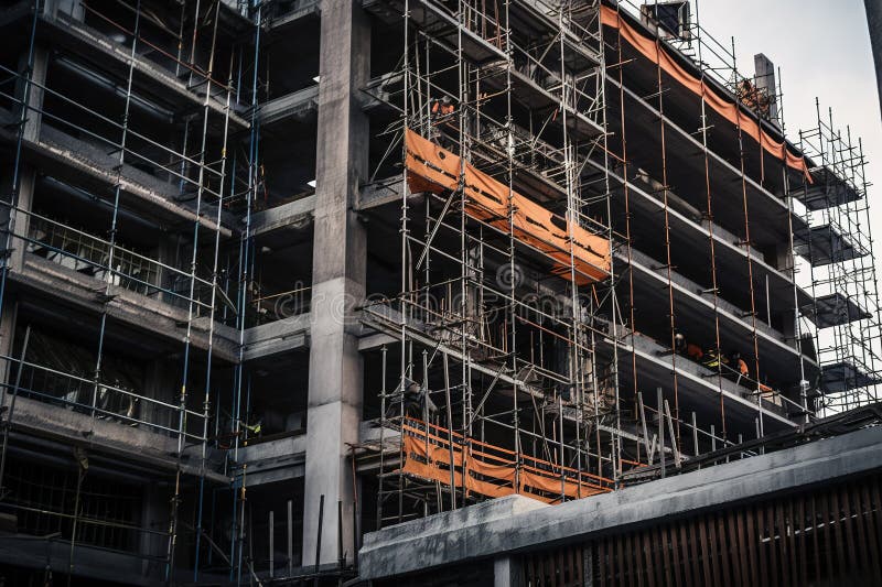 Building Under Construction with Cranes and Laborers Working. Stock ...
