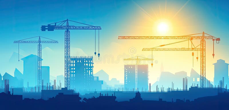 A Building is Under Construction with Cranes and Sun Shining Stock ...