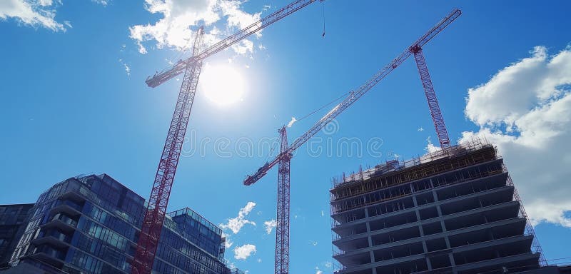 A Building is Under Construction with Cranes and Sun Shining Stock ...