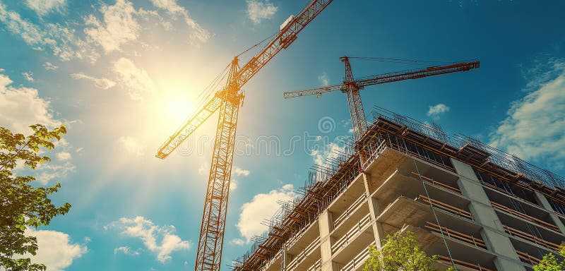 A Building is Under Construction with Cranes and Sun Shining Stock ...