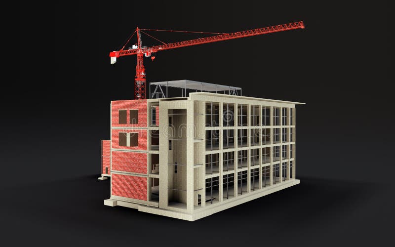 Building Under Construction 3D Model with a Construction Crane on a ...