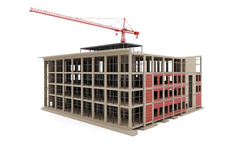 Building Under Construction 3D Model with a Construction Crane on a ...