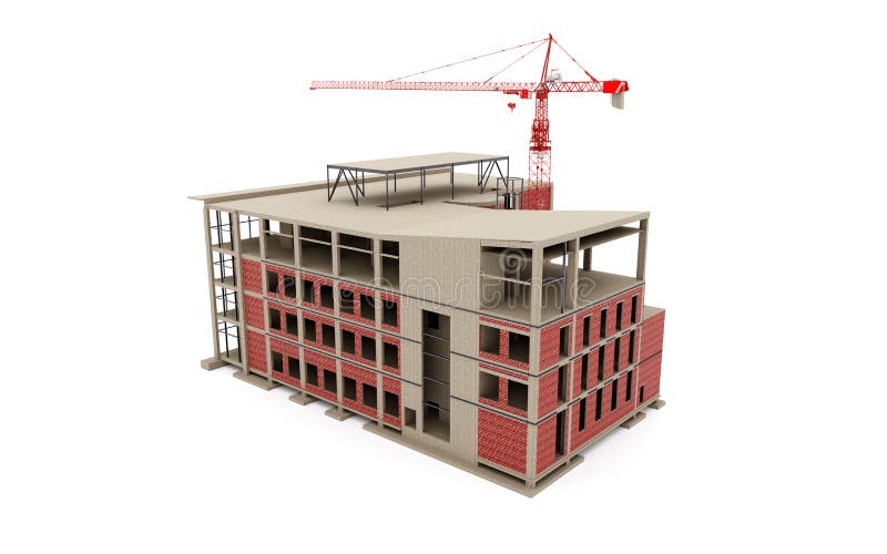 Building Under Construction 3D Model with a Construction Crane on a ...