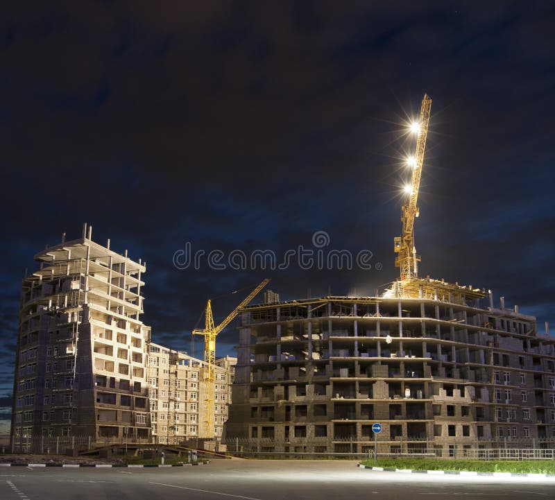 Building Under Construction at Night Stock Image - Image of work ...